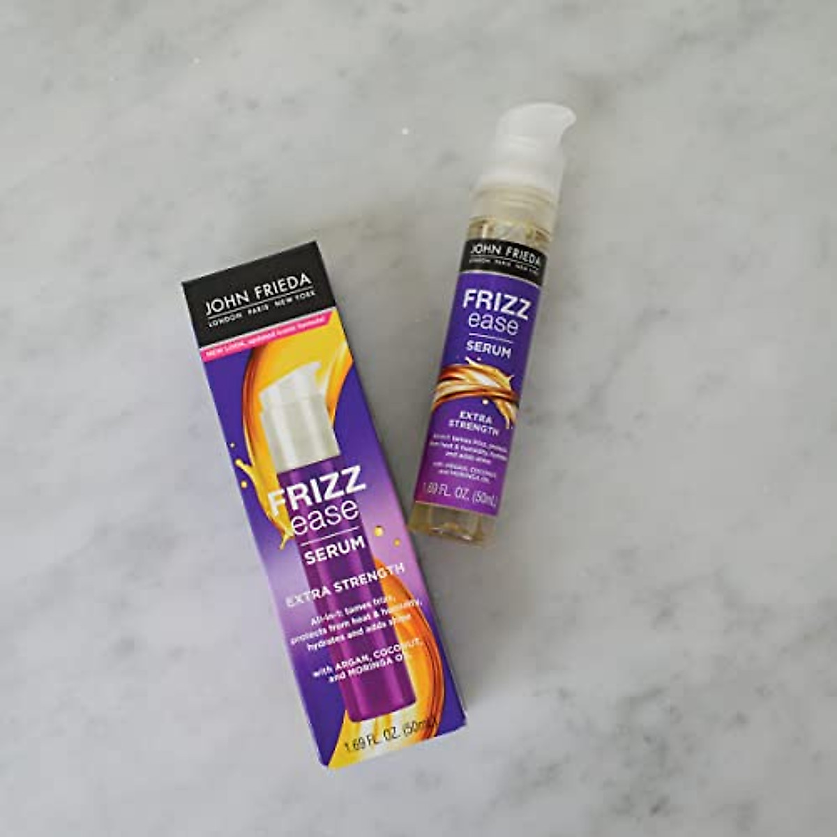 John Frieda Frizz Ease Extra Strength Hair Serum, Instantly Smooths for Healthy, Hydrated, Frizz-Free Hair, for Thick and Coarse Hair, with Argan, Coconut, and Moringa Oil for Heat Protection, 1.69 Oz