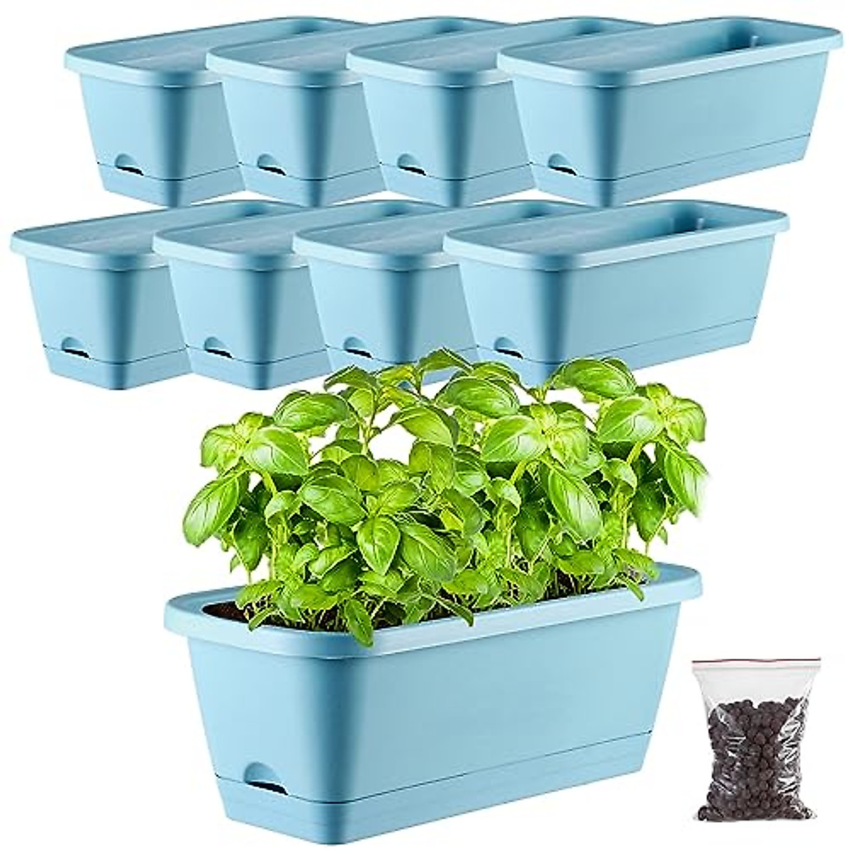 8-pack 15.6*7.5*5.9" Planter Boxes Outdoor Large,Window Box Planters Rectangle for Indoor Plants,Long Planter Box with Drainage Tray,Windowsill Herb Garden for Vegetables Succulents(Light-blue)