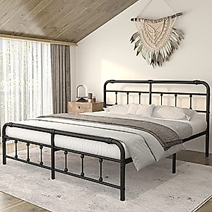 Debercu King-Size-Bed-Frame with-Headboard and Footboard - No Box Spring Need,Victorian Vintage Heavy Duty Metal Platform Mattress Foundation(Black)