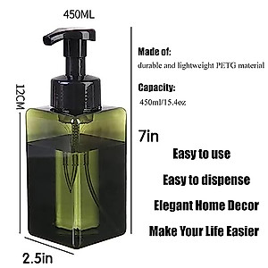 Foaming Soap Dispenser, Refillable Hand Soap Dispenser, Pump Bottle 450ml(16oz), Plastic for Liquid Soap, Shampoo, Body Wash, 2 Pcs (Green+Brown)
