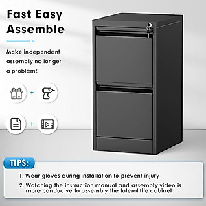Superday 2 Drawer Vertical File Cabinet, 18” D Filing Cabinet with Lock, Locking Filing Cabinet for Home Office, Black Metal File Cabinet for Hanging Letter/Legal Folders