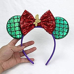 TEBWPIY Mouse Ears Headbands Mermaid Bow Sequin Headbands Green Mouse Ears with Red Bow Golden Mermaid Design Decoration for Women Girls Birthday Party Cosplay Costume Accessories