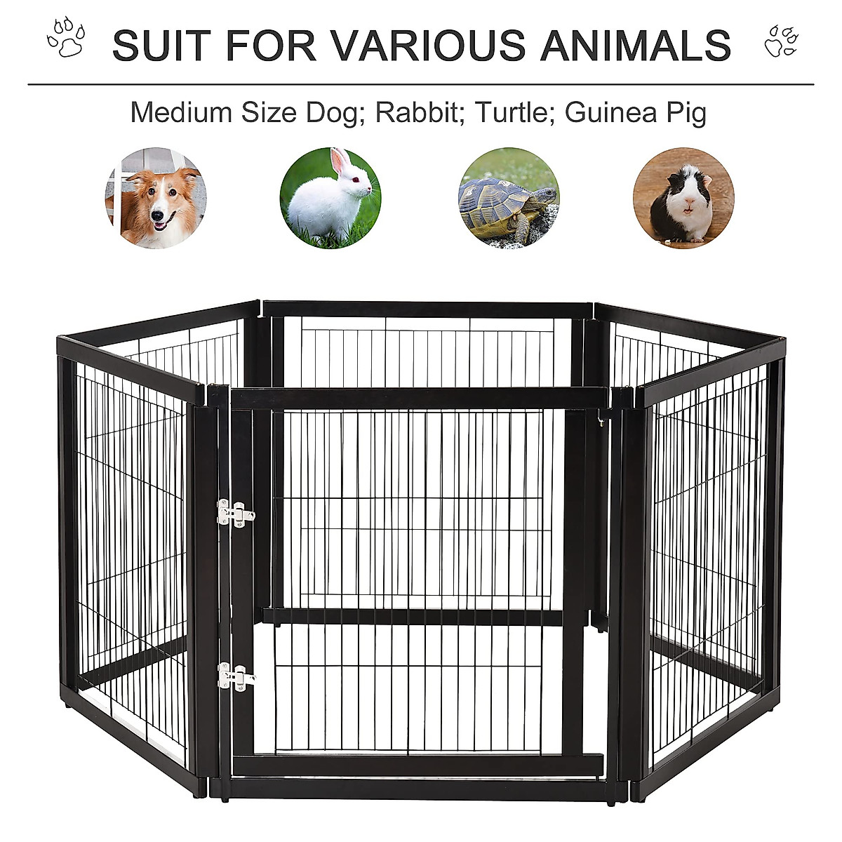 PawHut Transformable Pet Playpen 6 Freestanding Panels Gate Fireplace Christmas Tree Fence Stair Barrier Room Divider with Walk Through Door Wooden Frame Metal Mesh Black 63'' x 54.5'' x 31.5''