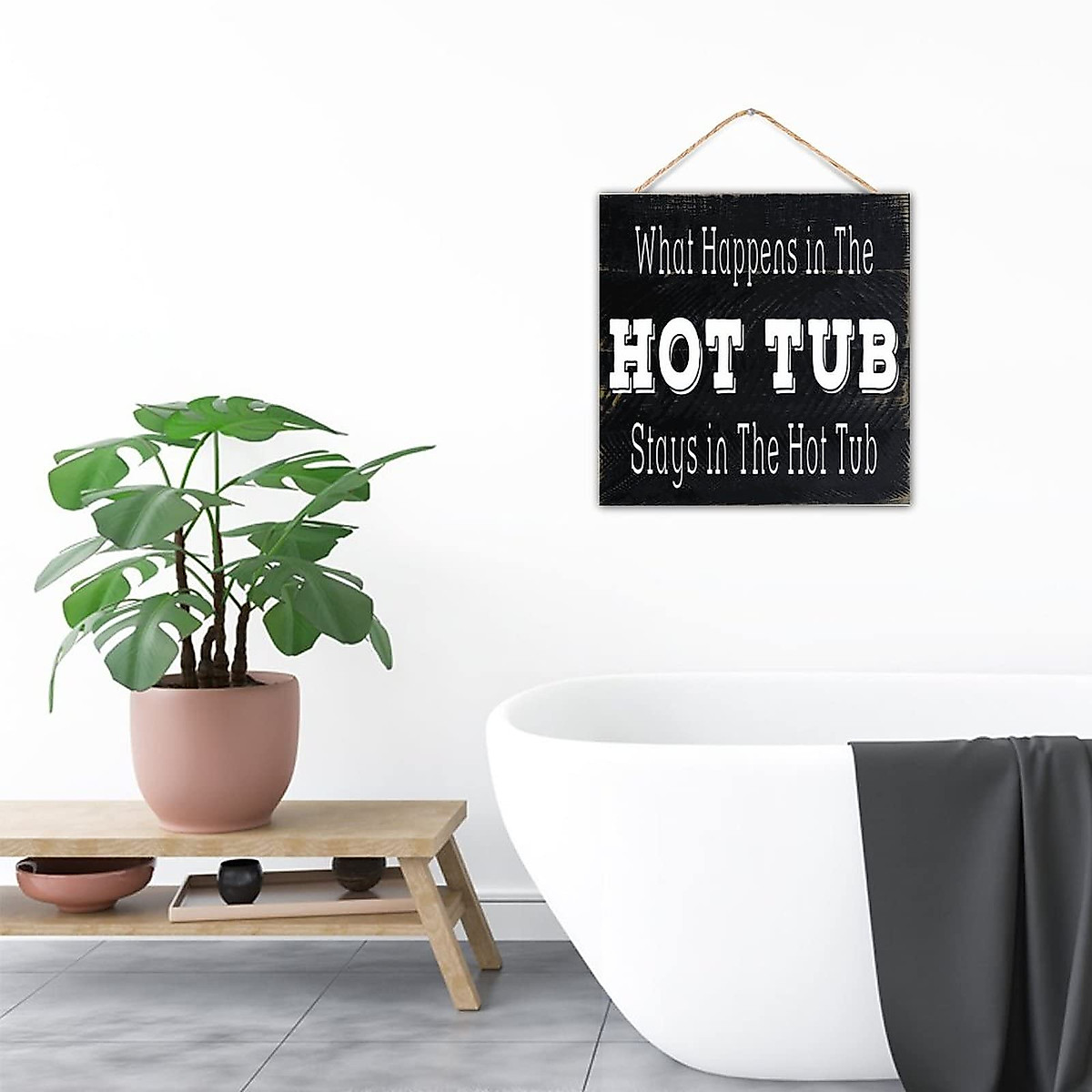 CustonCares What Happens in The Hot Tub Stays in The Hot Tub Wooden Plaque Sign Artwork Decoration Personalized Signs Country Wood Plank Hanging Sign for Nursery Bedroom Porch 12x12in