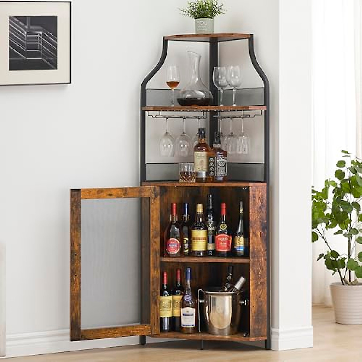 Amyove Corner Wine Bar Cabinet with Detachable Wine Rack, Industrial Wine Cabinet with Glass Holder, Small Sideboard and Liquor Coffee Bar Cabinet with Mesh Door, ‎Retro Brown