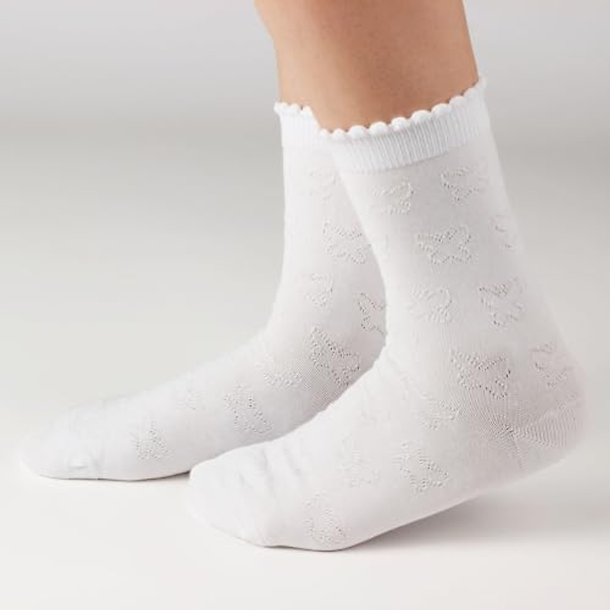 COTTON DAY Girls White Dressy Textured Short Socks Scallop Top Butterfly Design 6-8 Years Size M (8)