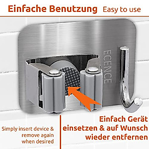 ECENCE 4x Broom Holder Self-Adhesive with Hook, Mop Hanger Wall Mount, Garden Tool Rack, Garage Storage Systems, Laundry Kitchen Tool Organizer Silver