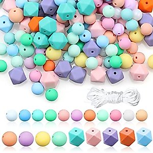 101 PCS Silicone Beads, Silicone Loose Beads for Keychain Making Round Rubber Beads Polygonal Silicone Beads Colorful Silicone Loose Pearl Beads with Rope for DIY Necklace Bracelet Jewelry Crafts