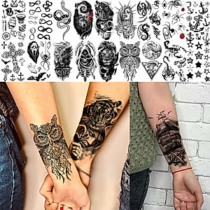 JOEHAPY 39 Sheets 3D Forarm Black Realistic Wolf Tiger Lion Temporary Tattoos For Men Women Thigh Arm, Scary Skull Gothic Gangster Fake Tattoo Sticker Adults, Large Tribal Half Sleeve Tatoos Halloween