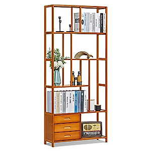 MoNiBloom 4 Tier Bookcase with 3 Drawers, Bamboo Freestanding Ventilated Display Shelf Storage Organizer Cabinet for Bedroom Living Room Office Décor, Brown
