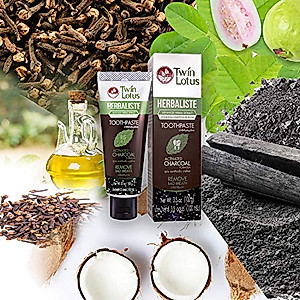 Twin Lotus Activated Charcoal Toothpaste - Teeth Whitening Herbal , Fluoride Free & No SLS For Sensitive Teeth, Coconut Charcoal Toothpaste Remove Plaque Freshen Breath