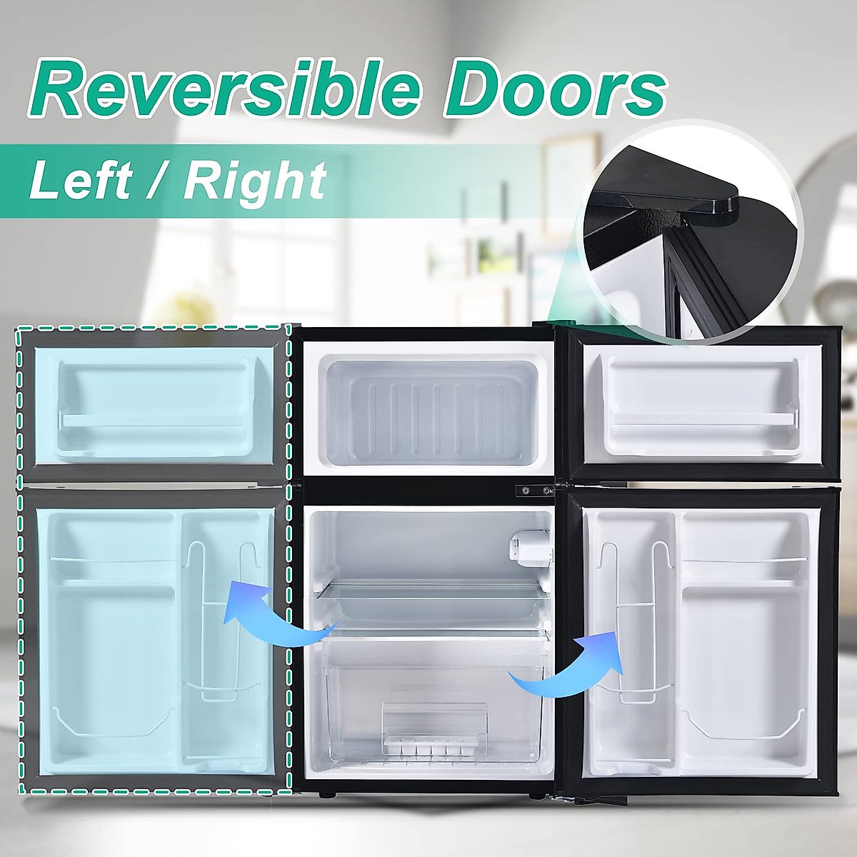 Merax, Black Mini Fridge with Freezer, 3.2Cu.Ft Compact Refrigerator with Two Reversible Doors for Office, Dorm or Bedroom, Adjustable Mechanical Thermostat, 18.9''L x 19.69''W x 32.68''H