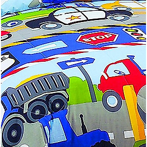 dream FACTORY Trucks Tractors Cars Boys 5-Piece Bedding Comforter Sheet Set, Twin Blue Red Multi