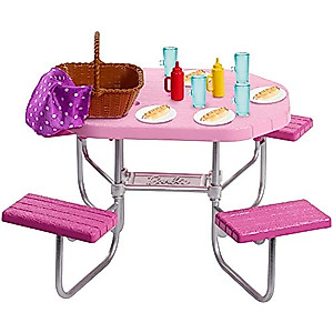 Barbie Outdoor Furniture, Pink Picnic Table with Adjustable Seats and Hot Dog Picnic for 4