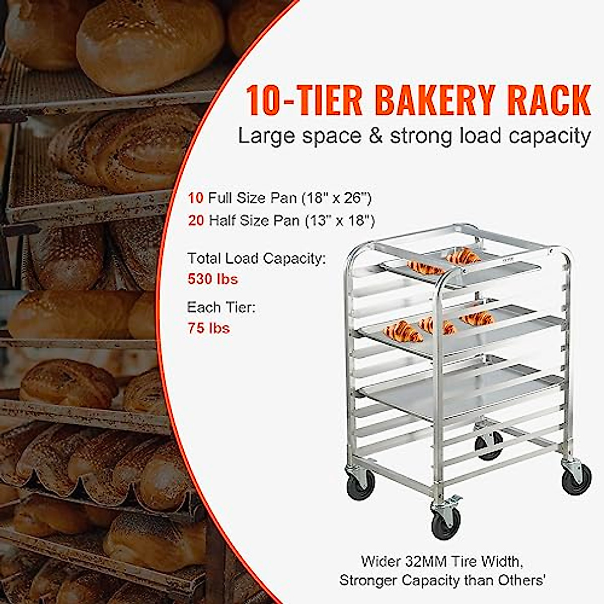 VEVOR Bun Pan Rack, 10-Tier Commercial Bakery Racks with Brake Wheels, Aluminum Racking Trolley Storage for Half & Full Sheet, Speed Rack For Kitchen Home, Bread Baking Equipment, 26"L x 20.3"W x 39"H