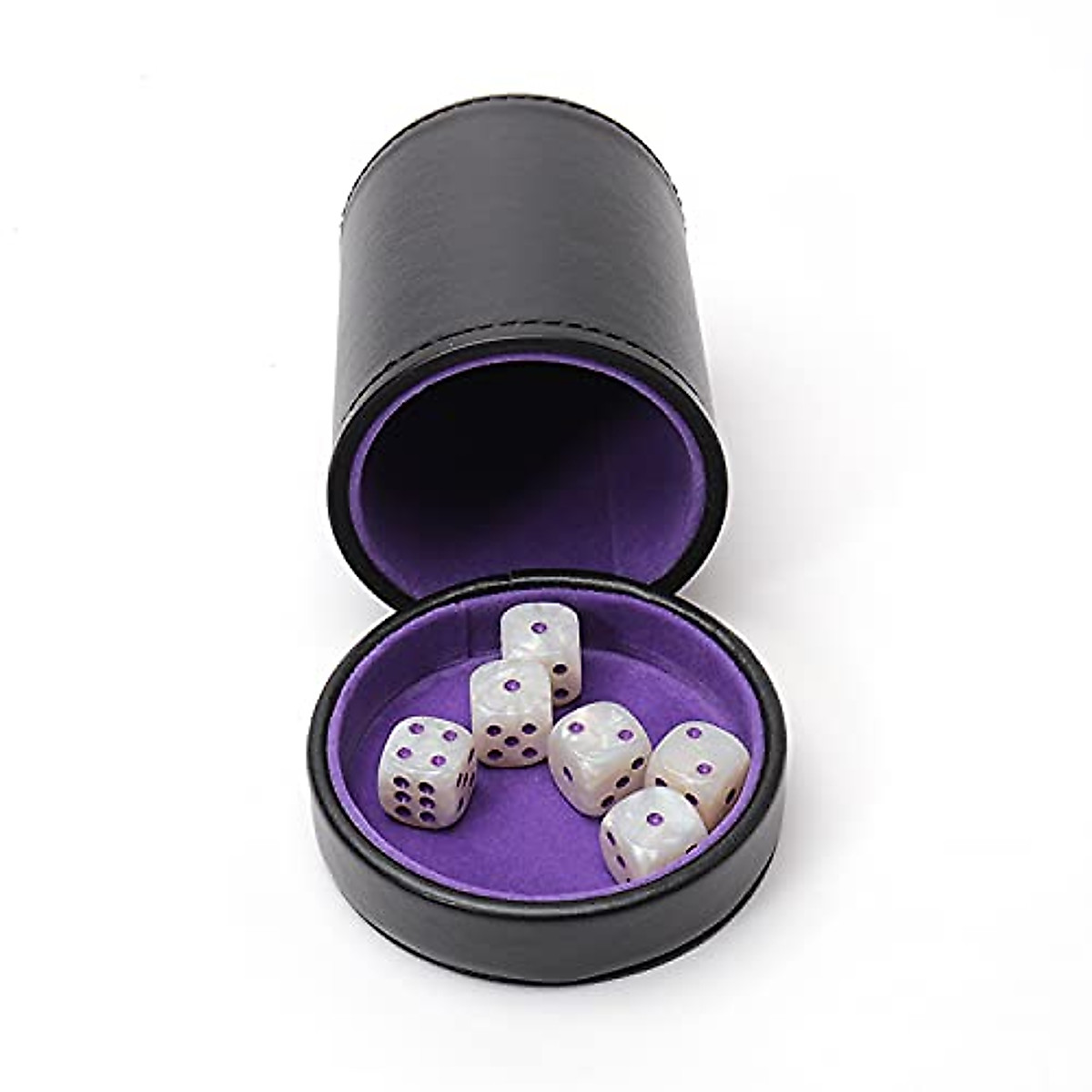 Luck Lab Leather Dice Cup with Lid Including 6 Matching White Pearl and Purple Dice - Purple Velvet Interior for Quiet Shaking - Use for Liars Dice Farkle Yahtzee Board Games, Black