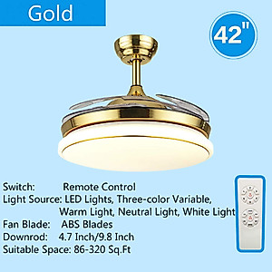Lighting Groups 42" Invisible Ceiling Fan Chandelier with Remote Control 3 Changed Light and 6 Fan Speed Retractable Ceiling Fan for Indoor Living Room Bedroom Reversible Cool Ceiling Fan (Rose Gold)