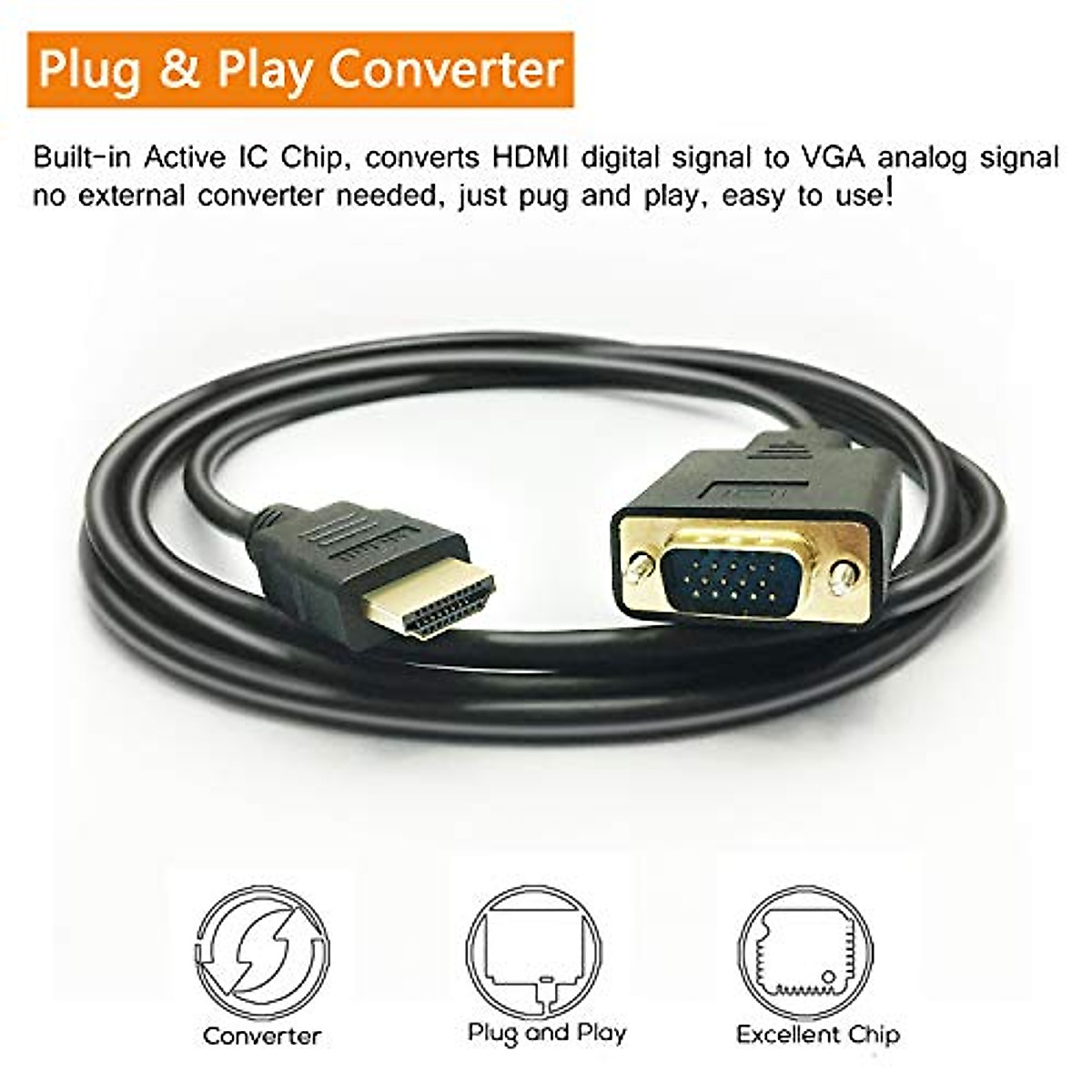 PeoTRIOL HDMI to VGA Cable, 1080P HDMI Male to VGA Male M/M Video Converter Cord VGA Adapter Compatible w/ HDMI Desktop, Laptop, DVD to 15 Pin D-SUB VGA HDTV Monitor Projector - 6Feet