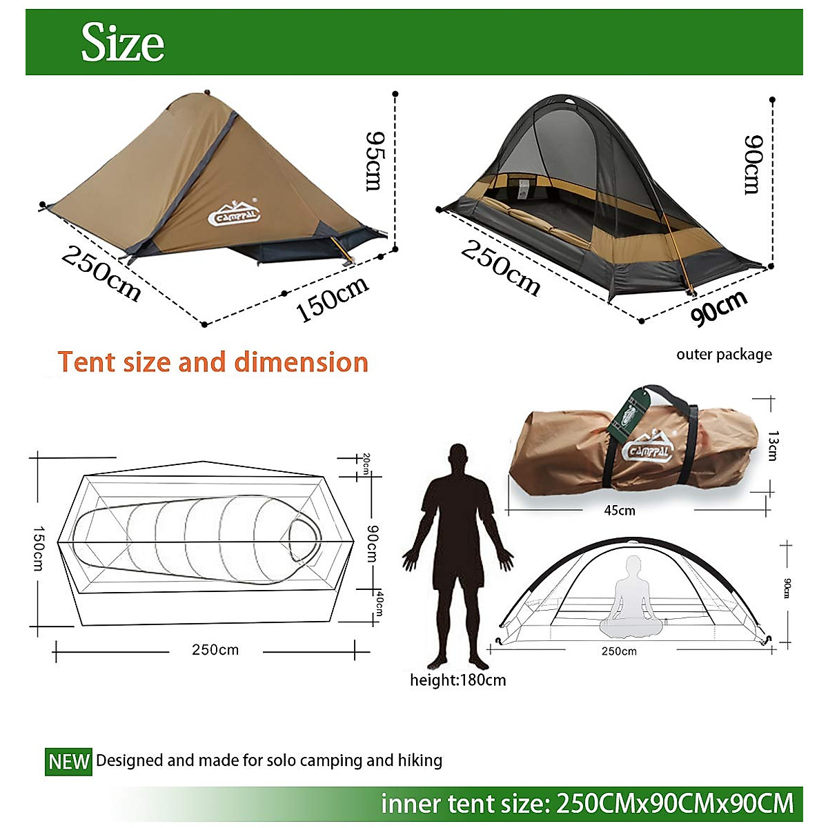 camppal 1 Person Tent Backpacking Tent for Camping Hiking Trekking Hunting Super Lightweight and Waterproof & Windproof 4 Season Mountain tent MT051 (Khaki)