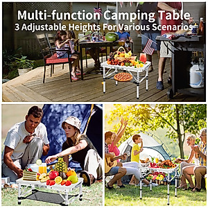 MYCOQU Small Folding Camping Table, 3 Heights Adjustable Portable Folding Camp Table, 2Ft 24''L x 16''W Aluminum Foldable Picnic Table with Mesh Layer, White Folding Table for Outdoor Indoor Beach BBQ