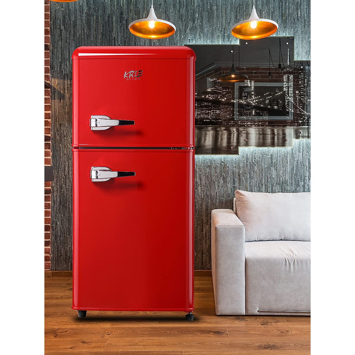 KRIB BLING 3.5 Cu.Ft Refrigerator with Freezer Double Door 7 Level Adjustable Thermostat for Dorm, Bar, Office,Kitchen, Apartment Red (KB02 FLS-80G-RED)