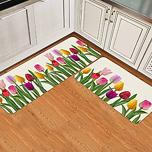 ZOE GARDEN 2 Pcs Kitchen Rug Set, Retro Spring Flower Non-Slip Kitchen Mats and Rugs Comfort Floor Door Mat Doormat, Tulip Floral Red Purple Yellow Throw Bath Runner Rug Mat