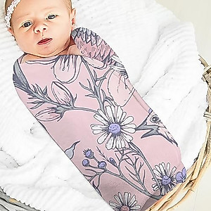 LAKIMCT Hand Drawn Flowers Birds Round Soft Baby Blankets for Boys Girls, Newborn Blanket for Suitable for Swaddling Sleep Stroller Cover Nursery Blanket, 35 Inch