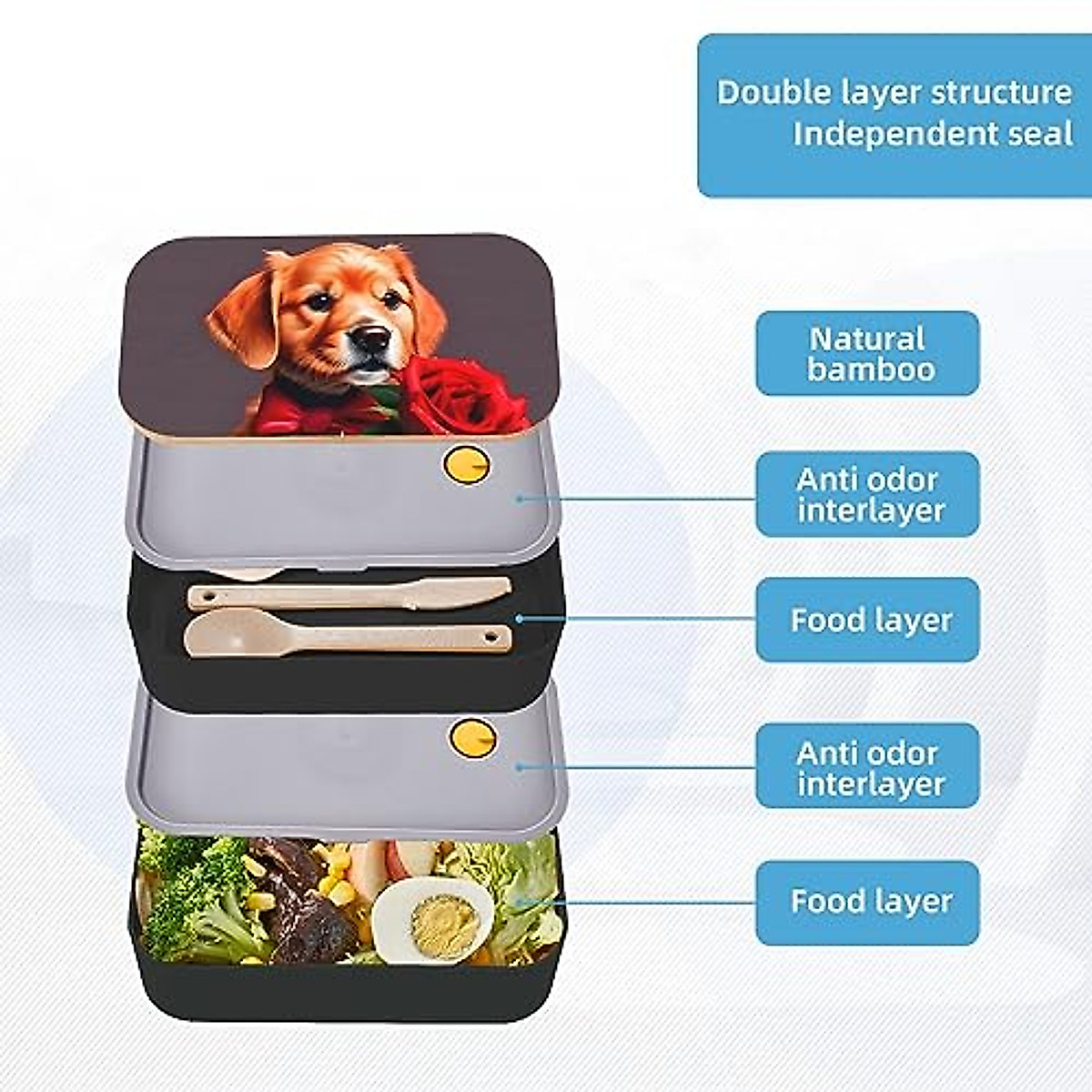 Gentleman-Like Dog Adult Lunch Box, Bento Box, With Cutlery Set Of 3, 2 Compartments, Rectangular, Lunch Box For Adults