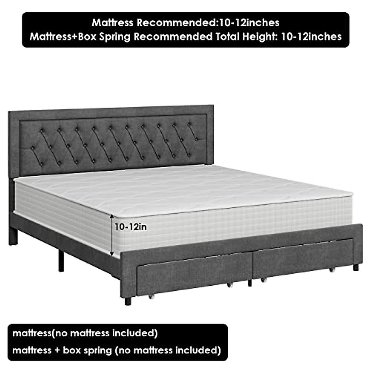 King Bed Frame with 2 Storage Drawers, Fabric Upholstered Platform Bed Frame with Deep-set Pattern Button Tufted Headboard, Sturdy Wood Slats Support Mattress Foundation, No Box Spring Needed, Grey