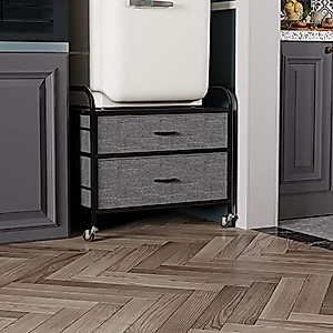 Alavoco Fridge Stand, Mini Fridge Table, 2 Drawer Fridge Cart, Mini Fridge Stand with Storage, Metal Frame Wooden Top, 4 Swivel Wheels for Home Kitchen, Black