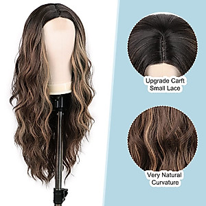 Ulzzviy Long Brown Mixed Blonde Wavy Wig for Women 24 Inch Middle Part Curly Wavy Wig Natural Looking Synthetic Heat Resistant Fiber Wig for Daily Party Use