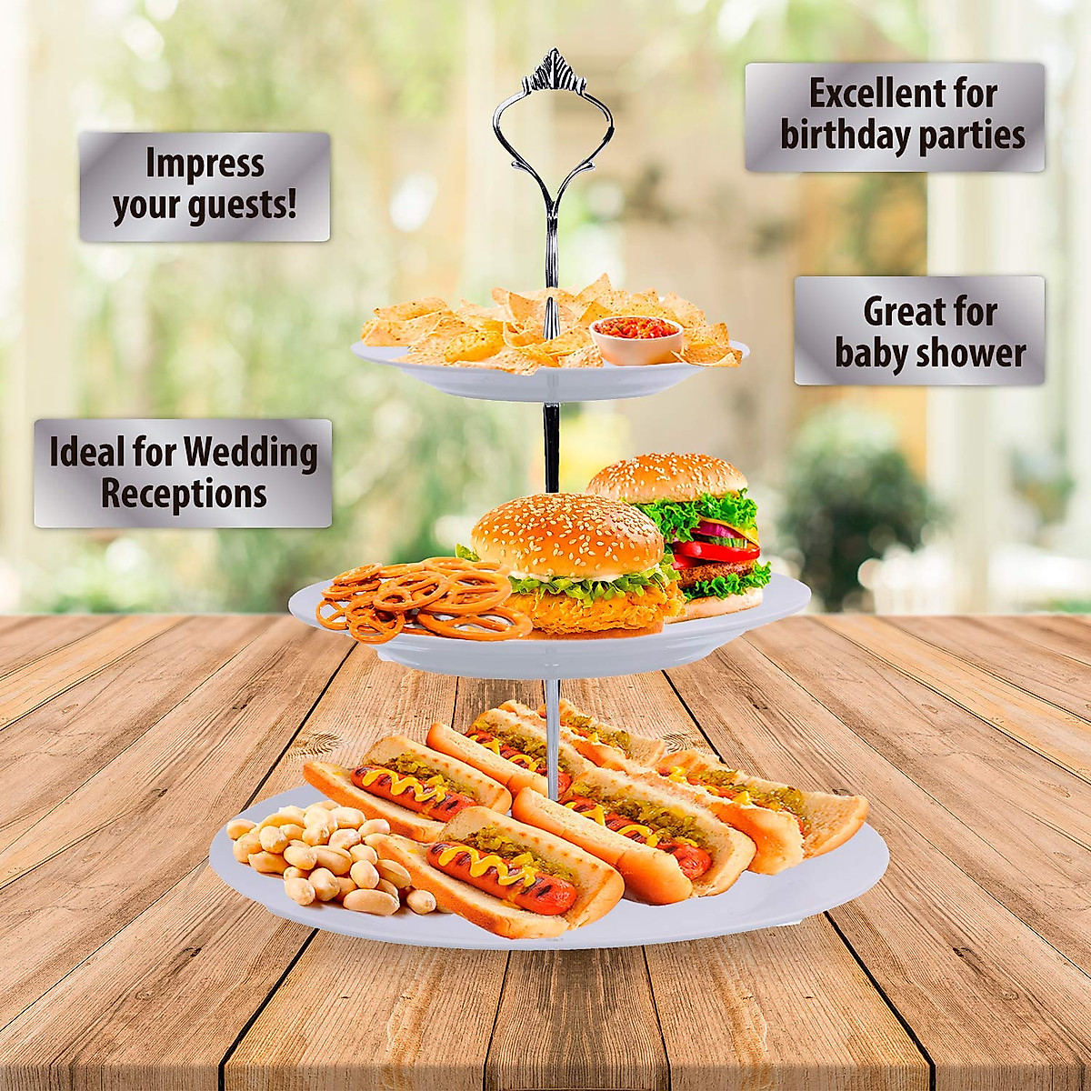3 Tier Serving Tray Stand – Round Cupcake Dessert Party Platter with Bonus Serving Metal Tongs – Three Tiered Food Holder Display for Weddings, Tea Parties, Birthdays or Holiday Dinners