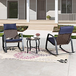 PatioFestival Patio Bistro Set 3 Pieces Outdoor Furniture Cushioned Rocking Chairs with Side Table Pillow All Weather Frame, Blue