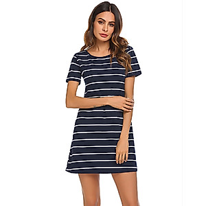 Feager Women's Casual Striped Criss Cross Short Sleeve T Shirt Mini Dress with Pockets Blue L