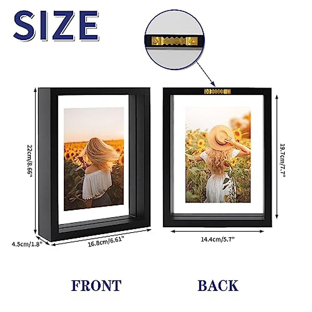 WIFTREY 4x6 Floating Picture Frame 2 Pack, Double Glass Rustic 4 x 6 Photo Frame Displays Photo up to 6x8 for Wall Hanging or Tabletop Standing, Black