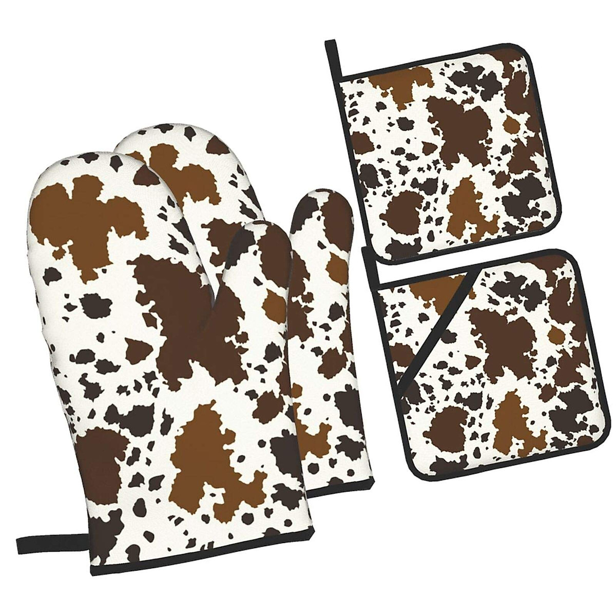 Feartdiy Oven Mitts and Pot Holders Sets of 4,Cow Leather Brown Print Heat Resistant Kitchen Cooking Oven Gloves and Potholders for BBQ Baking Grillin, One Size