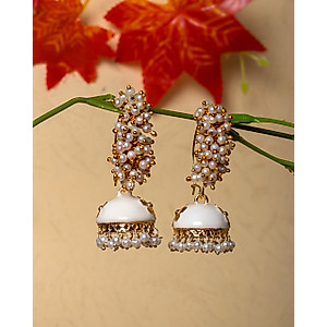 Moonstruck Golden Meenakari Jhumkas With White Pearls For Women (Green) (White)