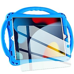 TopEsct Kids Case for iPad 10.2 inch - Shockproof Silicone Cover with Tempered Glass Screen Protector and Strap - Compatible with iPad 9th/8th/7th Gen (2021)"(Blue)