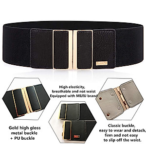 MIJIU Elastic belts for women 3" Wide Stretch Waistband Cinch Belts Black belt With gold buckle