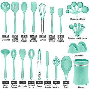 Silicone Cooking Utensils Set, 28PCS Kitchen Utensils Set with Holder, AIKWI Heat-Resistant & Non-stick Silicone Spatula, Tongs,Spoon for Cooking, BPA Free Kitchen Tools Gift (Green)