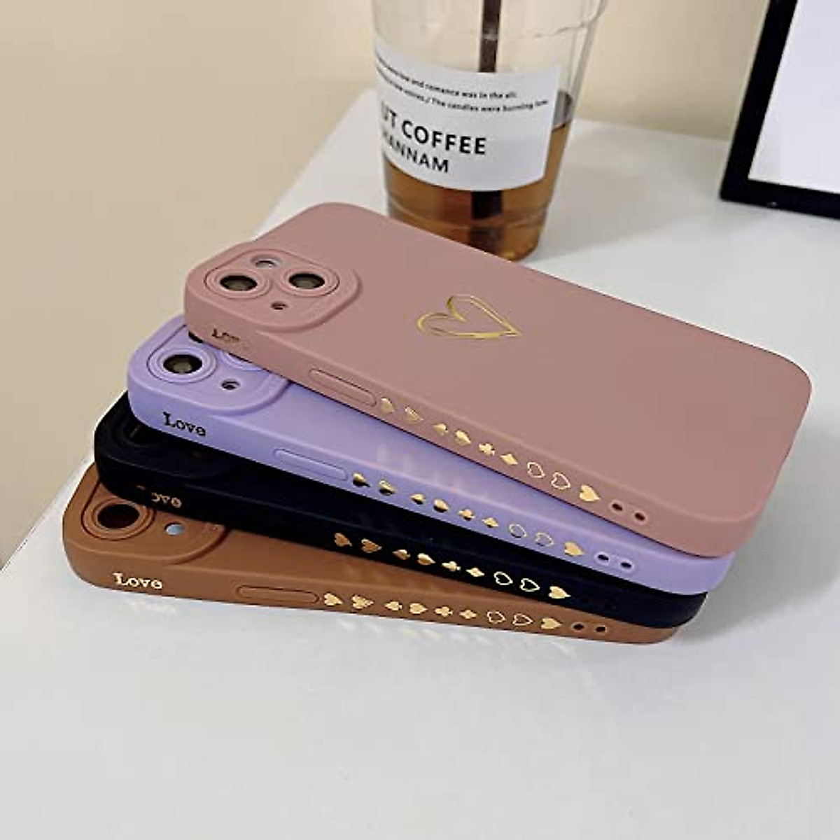 Yeddabox Compatible with iPhone 13 Mini Case for Women, Bronzing Luxury Heart Phone Case Cute Side Small Pattern Soft TPU Shockproof Full Camera Lens Protective Cover for iPhone 13 Mini (Black)