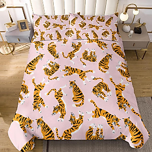 Sleepwish Cute Duvet Cover Cartoon Tigers Pattern Bedding for Kids Teen Girls Boys 3pc Big Cat Animal Bed Set Pink (King)