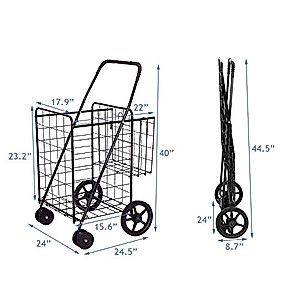 HOMGX Jumbo Folding Shopping Cart w/ 360° Swivel Wheels, Portable Laundry &Utility Cart w/ Double Basket, Space-Saving, Metal Rolling Grocery Cart on Wheels, Heavy Duty Shopping Cart for Groceries