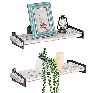 MyGift 16-inch Whitewashed Wood Floating Shelves with Black Metal Brackets, Wall Mounted Display Shelf, Set of 2