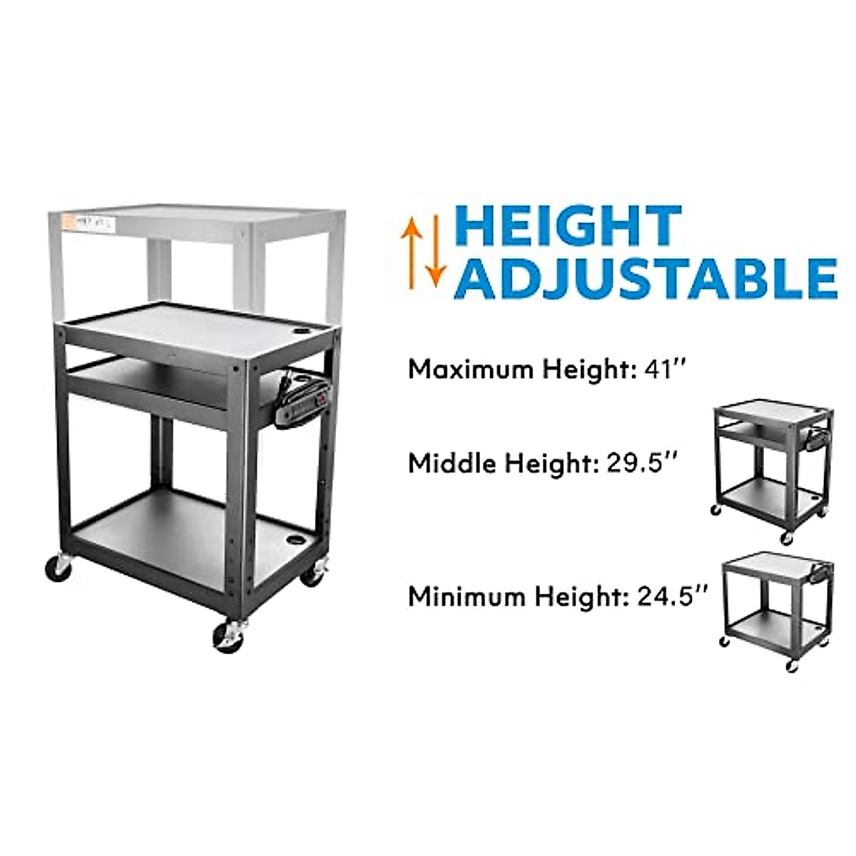 3 Shelf Metal Utility cart - Steel Construction Mobile Presentation Cart Projection Cart with Power Strip - Durable Utility Cart AV Carts on Wheels - Supports Up to 300 LBs (24'' x 18'' x 41'')