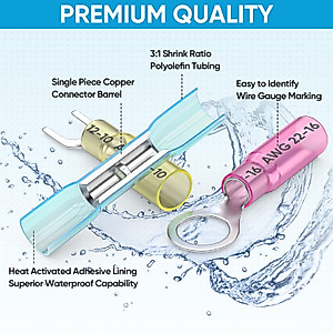 TICONN 250Pcs Heat Shrink Wire Connectors, Waterproof Automotive Marine Electrical Terminals Kit, Crimp Connector Assortment, Ring Fork Spade Splices
