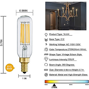 YFXRLIGHT Dimmable T6 Vintage LED Light Bulbs Warm White 2700K,6W Equal 60 watt Light Bulb, E12 Base Candelabra Bulb for Chandeliers,Pendant,Wall scones 6Pack