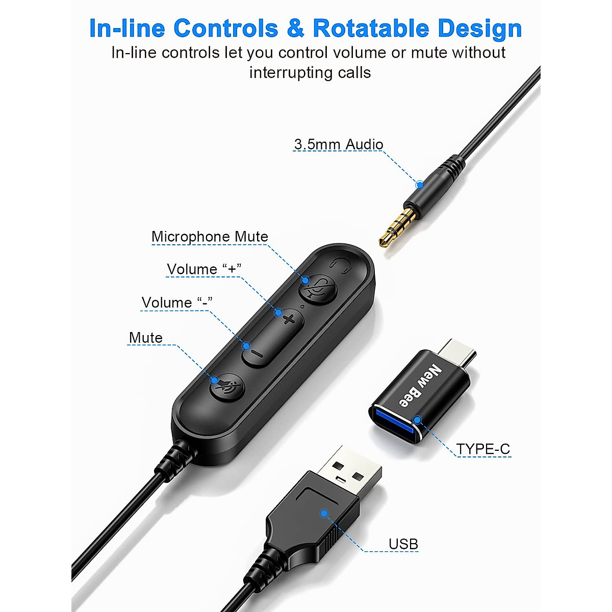 New bee USB Headset 270° Rotatable Microphone Computer Headset in-line Controls Call Center Stereo Wired PC Headset Ultra Comfort for Skype, Zoom, Laptop, Phone, PC, Tablet