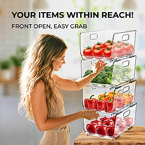 TidyFriend Plastic Stackable Bins for Pantry, 4 Pack Stacking Bins Open Front, Toy Organizers, Kitchen, and Bathroom Essentials (Clear- Hole Handle)