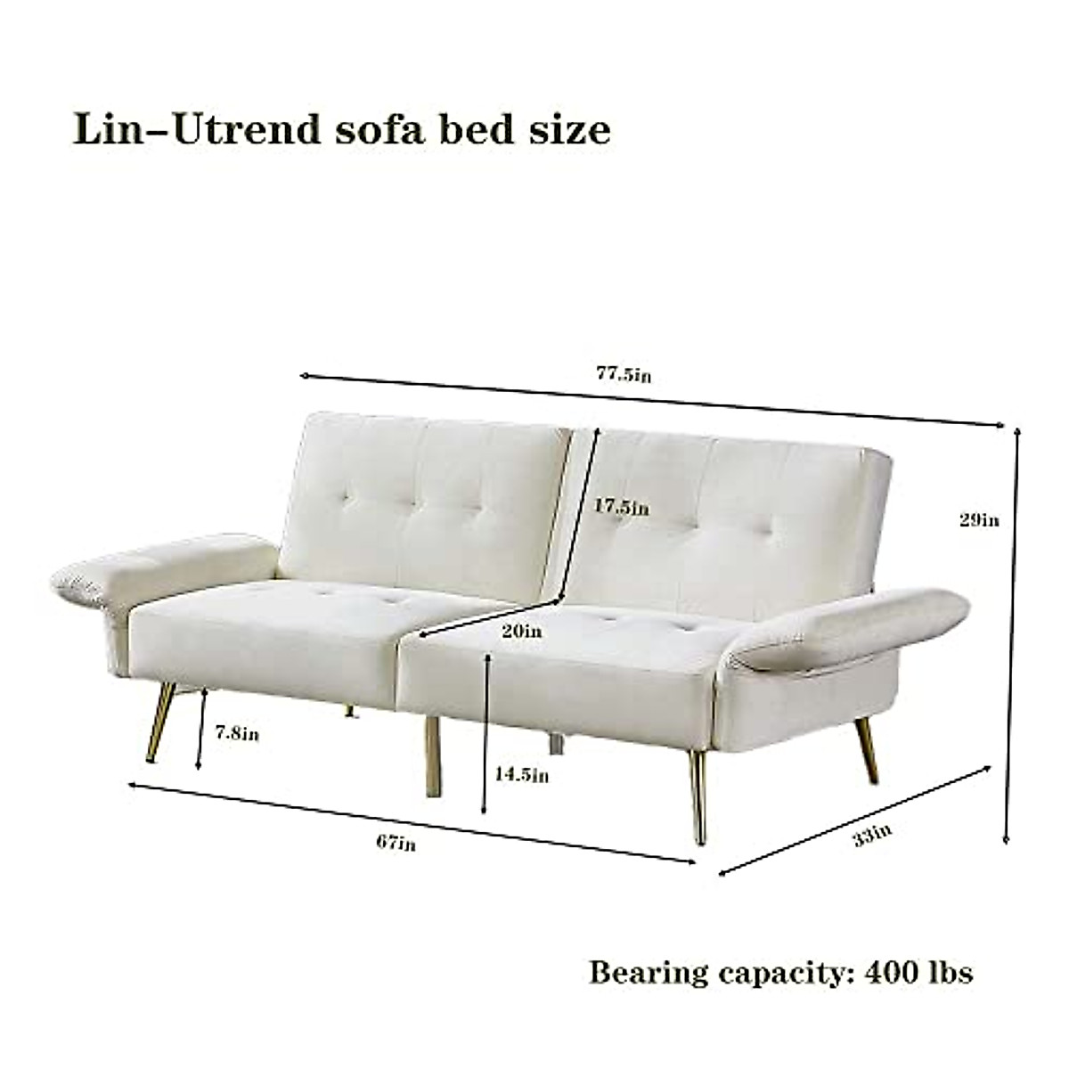 Lin-Utrend 67" Comfortable Velvet Couch，Convertible Sofa Bed, Living Room Sofas with Adjustable backrest and armrest, for Living Room, Apartment, Bedroom, Office, Shop(Beige)